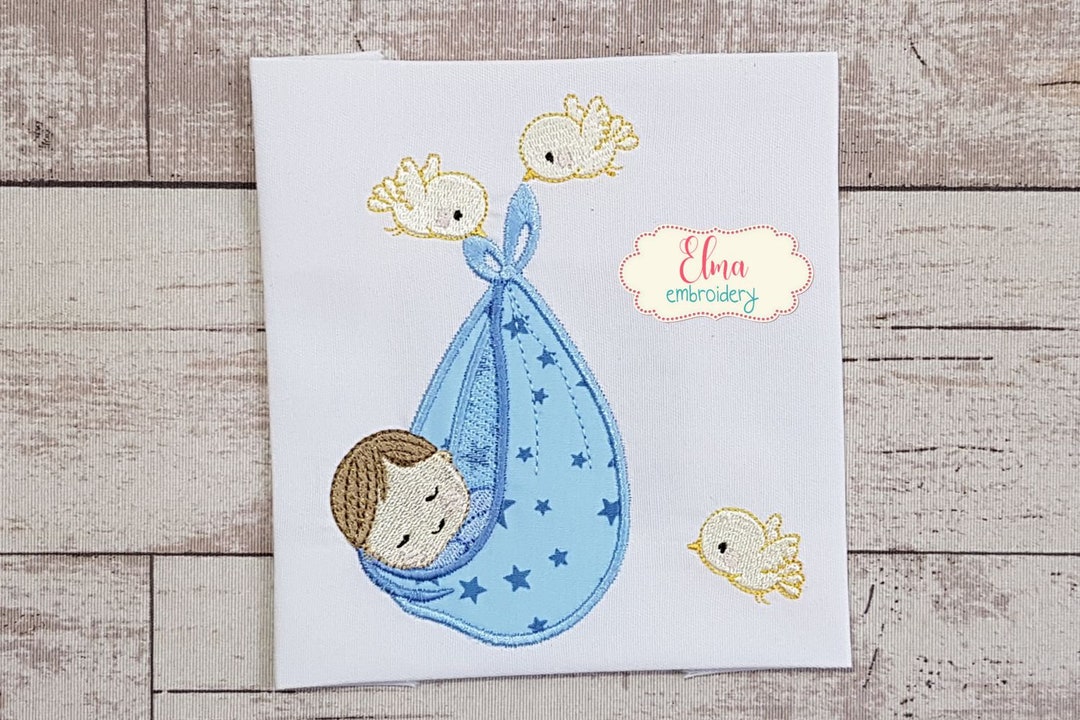 Newborn Baby Boy and Birds Applique Embroidery Design (4x4 5x7 5x8 6x10 ...