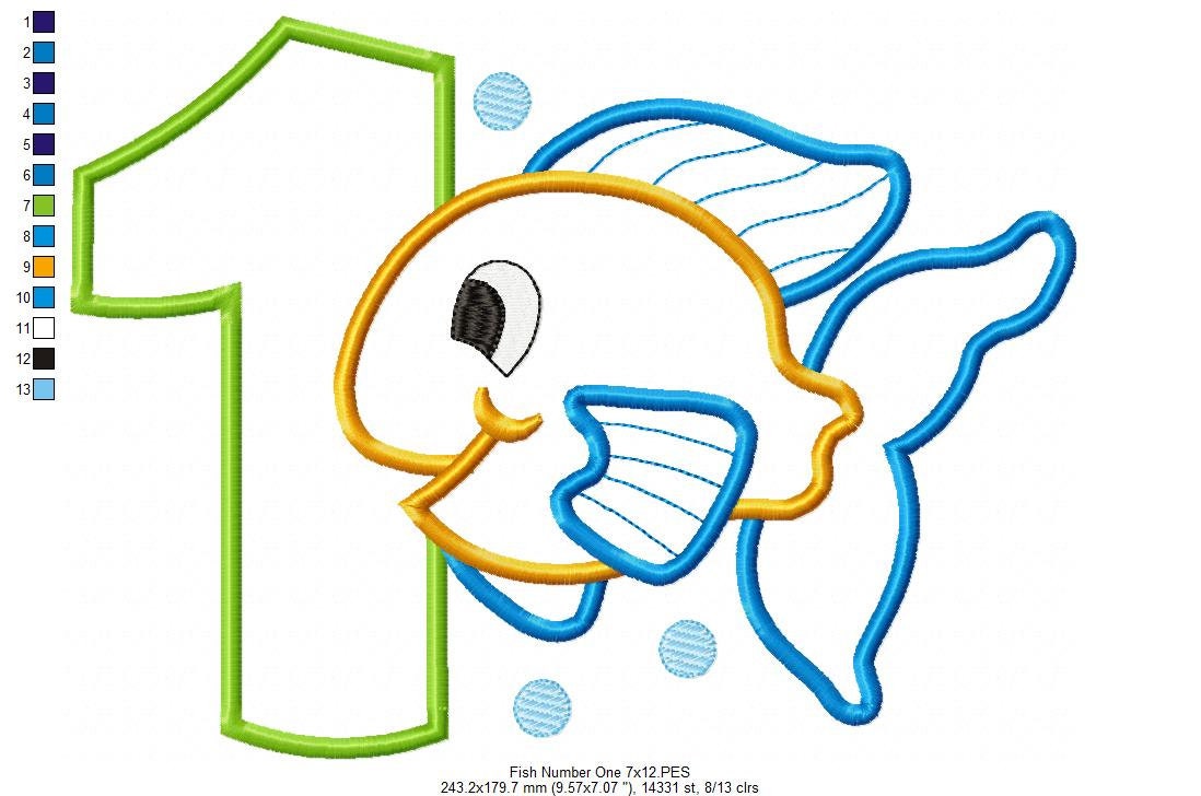 Fish Number 1 One 1st Birthday Applique Embroidery 4x4 5x7 - Etsy