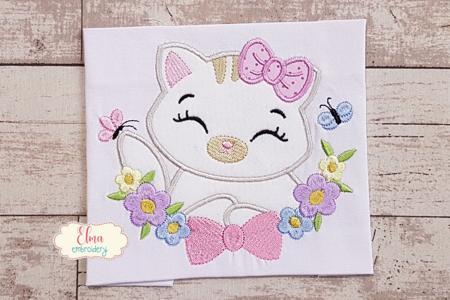 Cute Cat, Flowers and Butterfly - Machine Embroidery Design - Applique ...