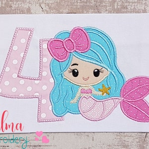 Mermaid Number 4 Four 4th Birthday - Applique - 5x7 5x8 6x10 7x12 ...