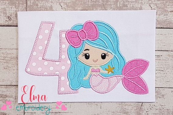 Mermaid Number 4 Four 4th Birthday Applique 5x7 5x8 6x10 - Etsy