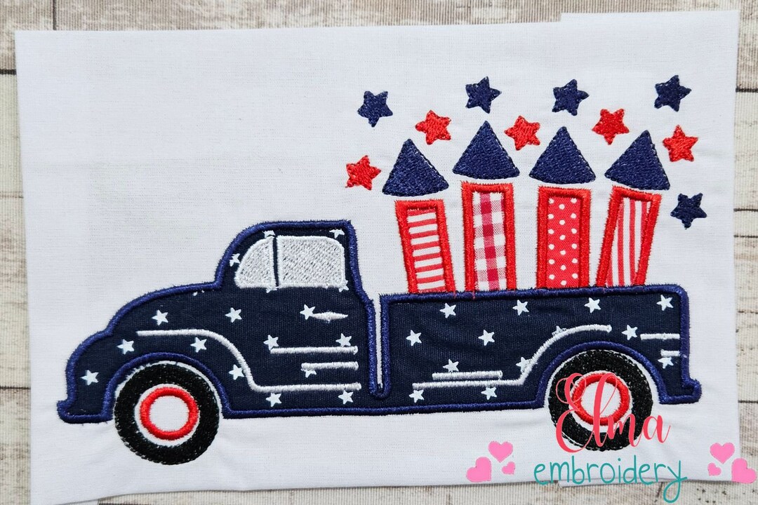 4th of July Truck With Firecrackers - Applique - 5x4 5x7 5x8 6x10 7x12 ...