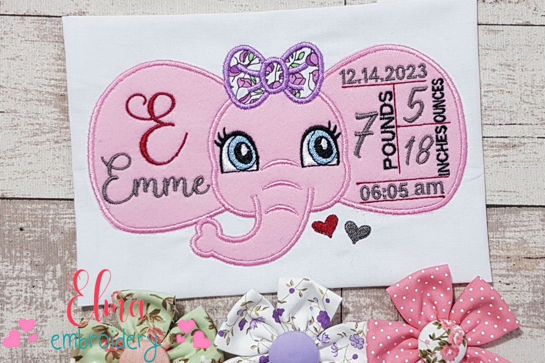 Baby Girl Elephant Birth Announcement Template - Applique - 5x7 5x8 ...