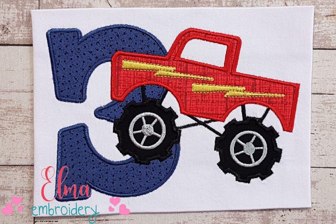 Monster Truck Birthday Number Three 3rd Birthday - Applique - 4x4 5x4 ...