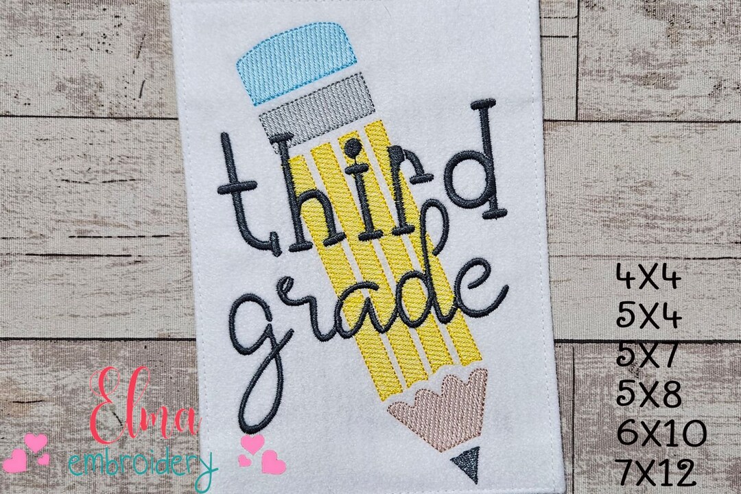 Third Grade Pencil - Rippled Stitch - 4x4 5x4 5x7 5x8 6x10 7x12 ...