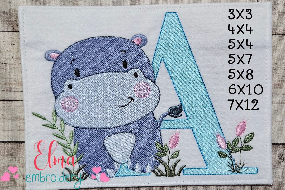 Hippo Monogram Letter A Fill Stitch Machine Embroidery Design (digital ...