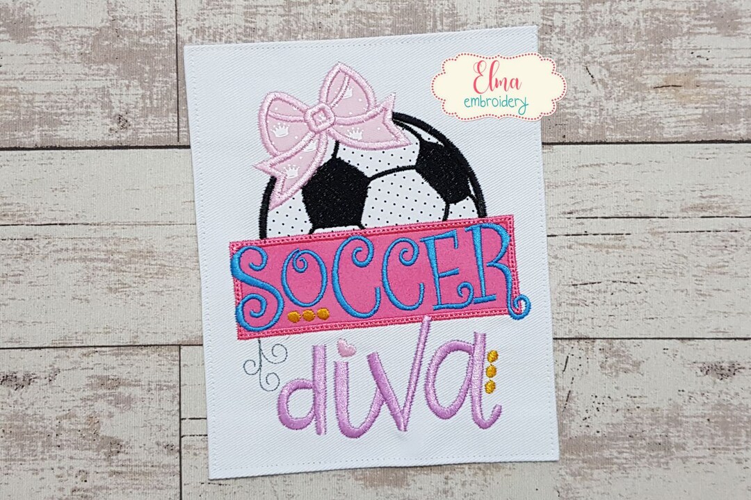 Soccer Diva Ball and Bow - Applique - 4x4 5x4 5x7 5x8 6x10 7x12 ...
