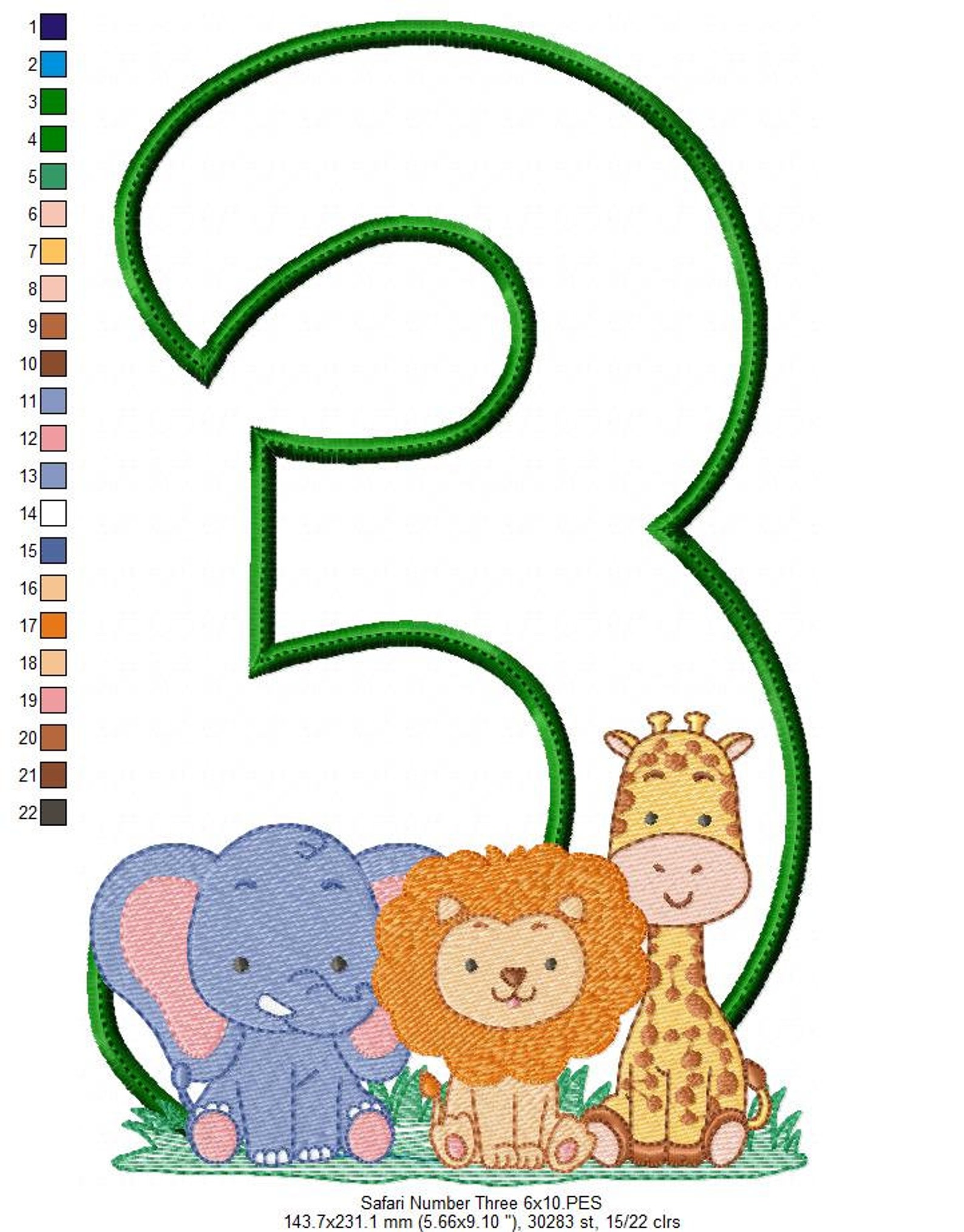 Safari Number 3 Three 3rd Birthday Applique Embroidery 5x7 | Etsy