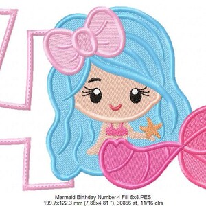 Mermaid Number 4 Four 4th Birthday - Applique & Fill - 4x4 5x4 5x7 5x8 ...