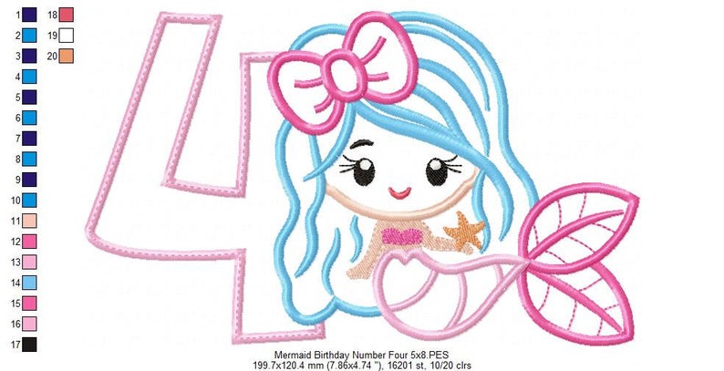 Mermaid Number 4 Four 4th Birthday Applique 5x7 5x8 6x10 - Etsy