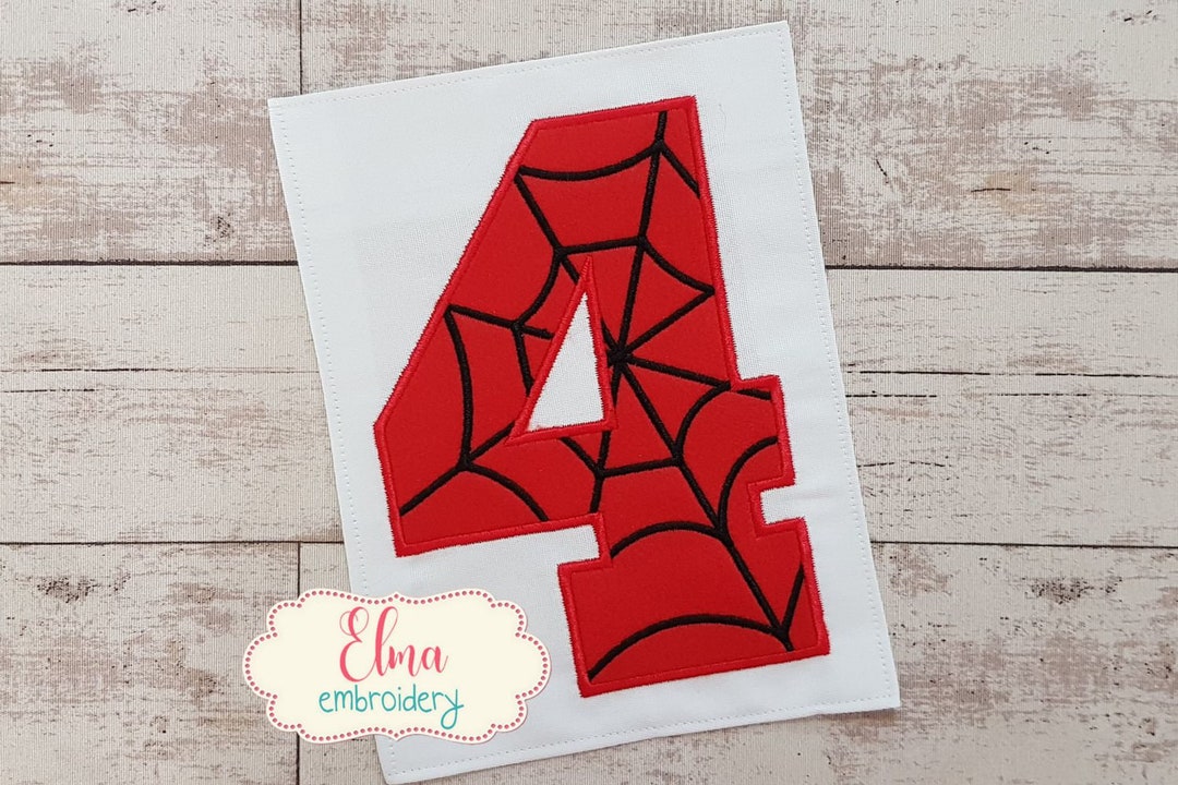 Spider Birthday Number 4 Applique Embroidery Design (4x4 5x7 6x10 7x12 ...