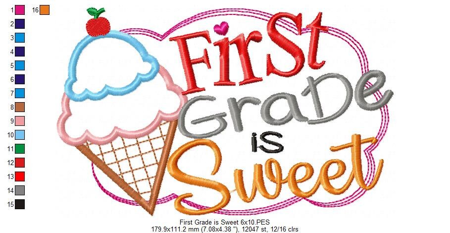 First Grade is Sweet Applique Embroidery 5x7 6x10 7x12 - Etsy