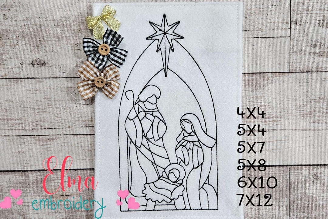Nativity Scenne Line Art - Redwork - 4x4 5x4 5x7 5x8 6x10 7x12 ...