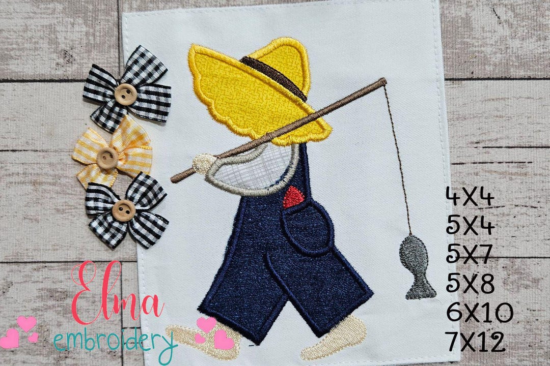 Sunbonnet Sam Fishing - Applique - 4x4 5x4 5x7 5x8 6x10 7x12 ...