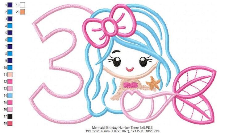 Mermaid Number 3 Applique: 3rd Birthday Machine Embroidery Design (5x7 ...