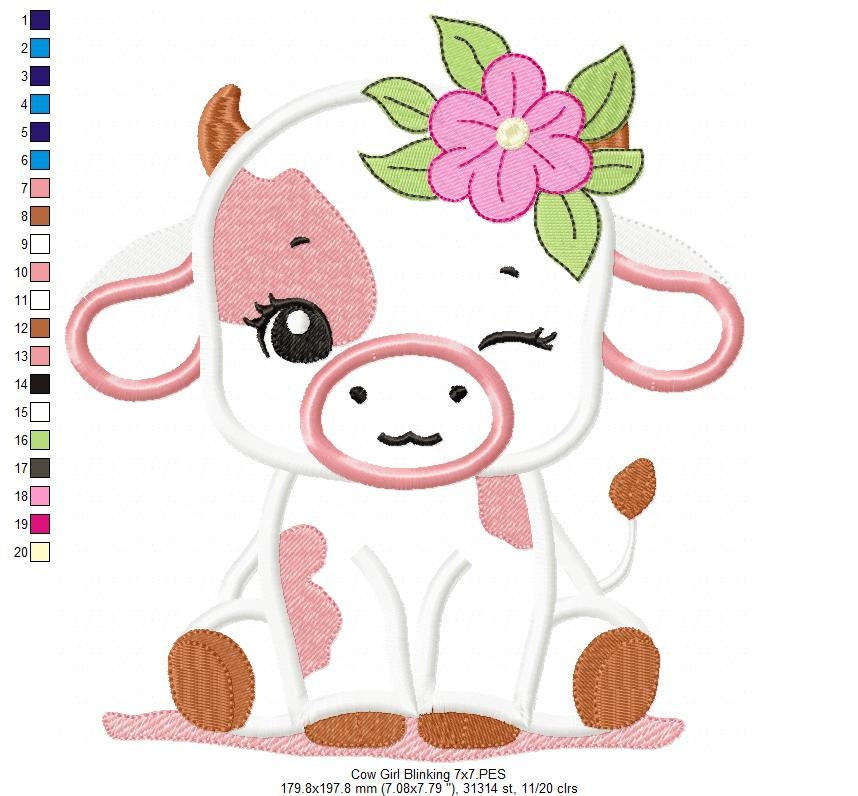Cow Girl Applique - Blinking Animal Embroidery Design (digital Download ...