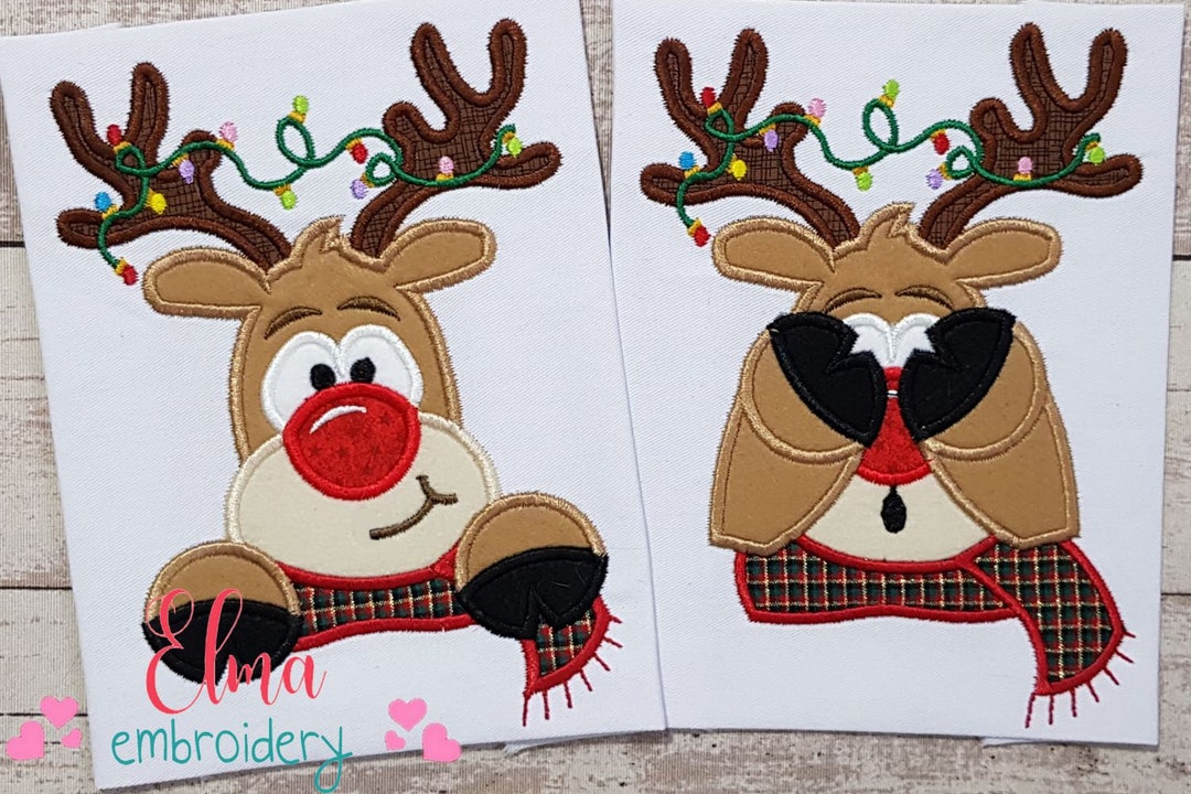 Rudolph Reindeer Face and Hiding His Eyes - Applique - 4x4 5x5 6x6 7x7 ...