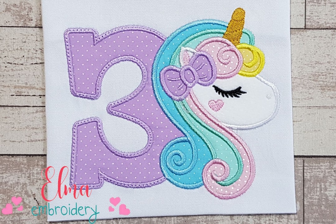 Unicorn Number 3 Three 3rd Birthday - Applique - 4x4 5x5 6x6 7x7 ...