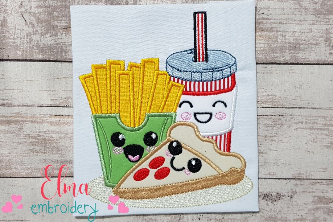 Happy Pizza, French Fries and Soda - Applique - Food Embroidery - 4x4 ...
