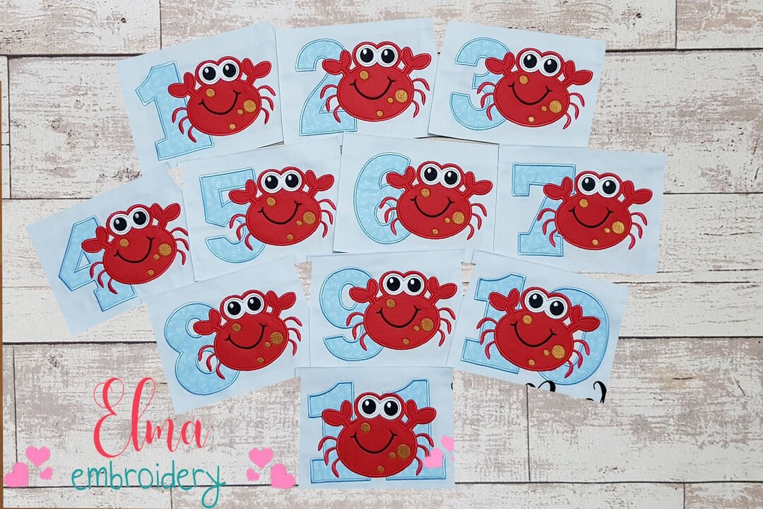 Crab Birthday Set Numbers 1-11 - Applique - 4x4 5x7 6x10 7x12 - Machine ...