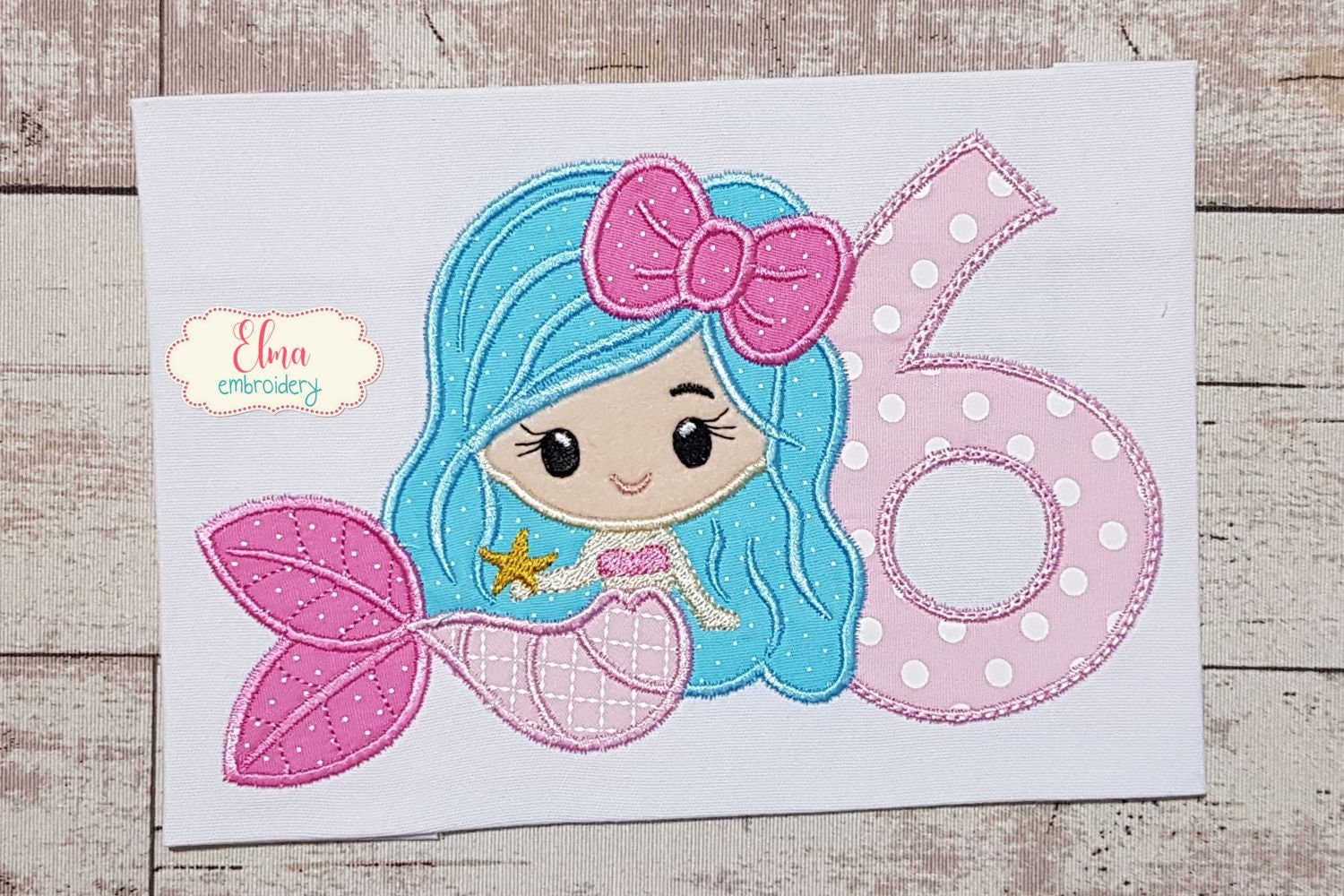 Mermaid Number 6 Six 6th Birthday Applique 5x7 5x8 6x10 - Etsy