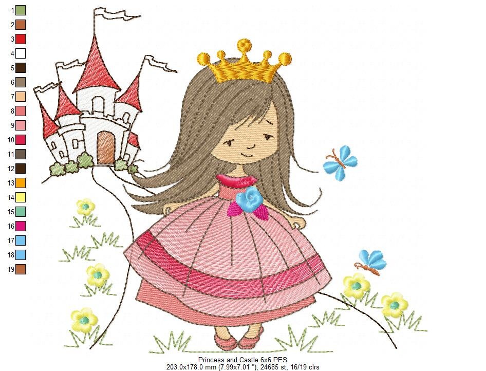 Princess and Castle Fill Stitch Embroidery 5x4 5x5 6x6 - Etsy