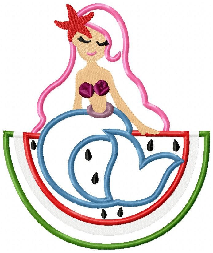 Watermelon Mermaid Applique Embroidery Design 4x4 5x5 6x6 - Etsy