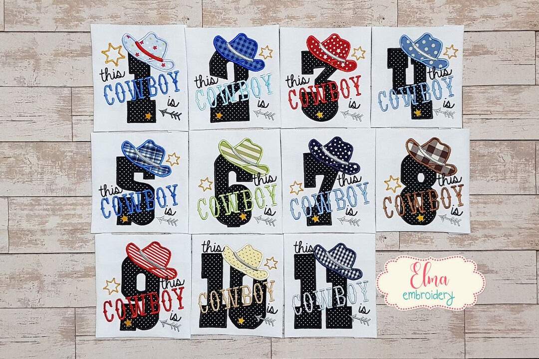 Cowboy Birthday Numbers 1-11 Applique: Machine Embroidery Design (4x4 ...