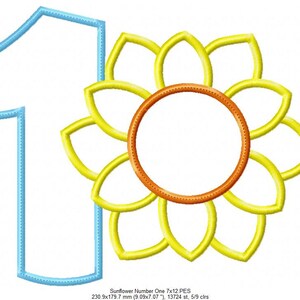 Sunflower Number 1 One 1st Birthday - Applique Embroidery - 4x4 5x7 ...