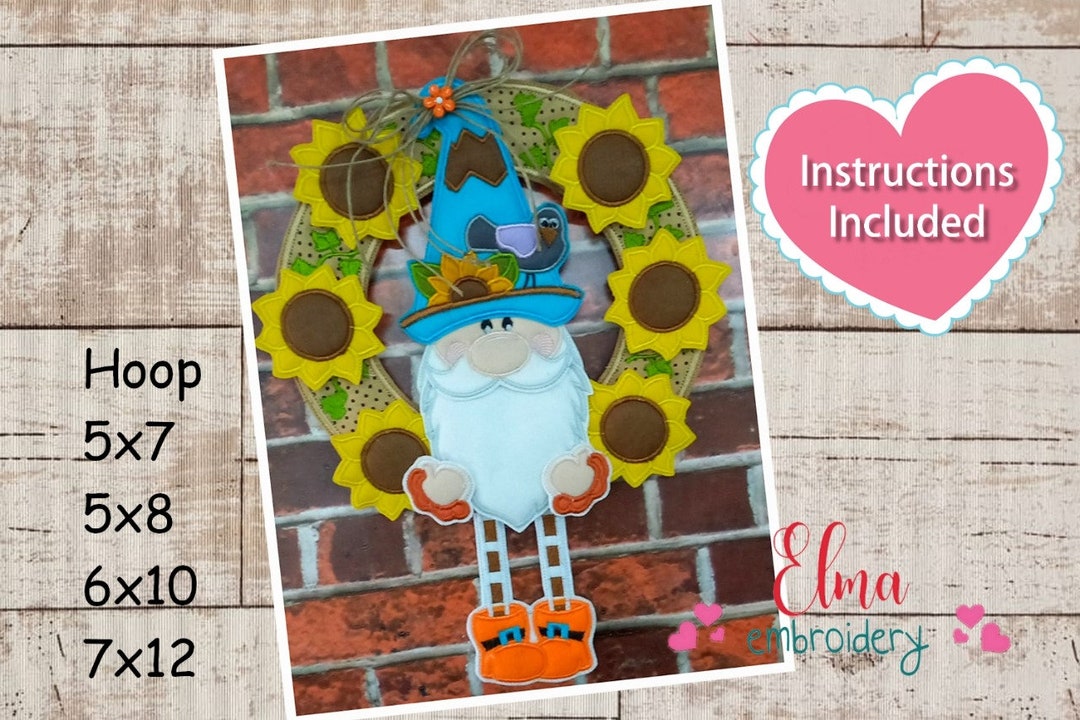 Fall Sunflower Gnome Embroidery ITH Project - Applique - 5x7 5x8 6x10 ...