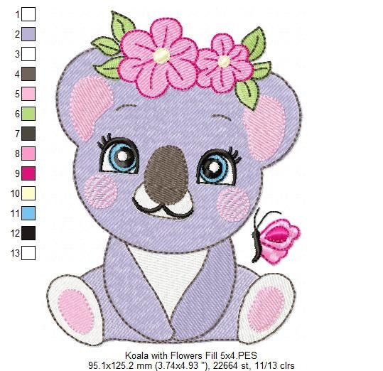 Koala Girl With Flowers Fill Stitch 4x4 5x4 5x7 5x8 6x10 - Etsy