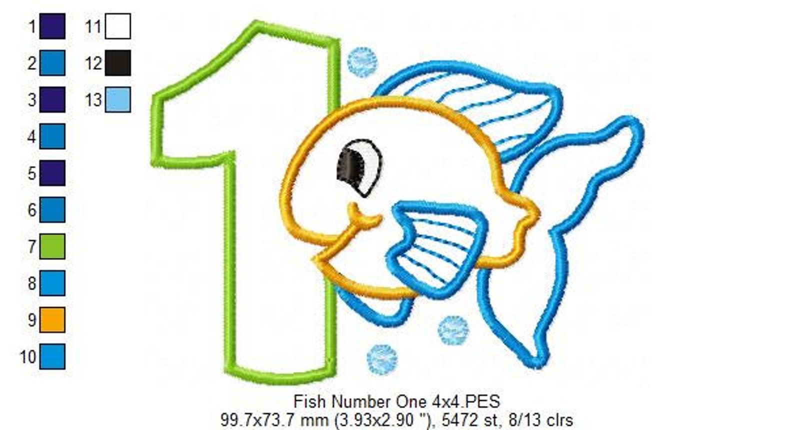 Fish Number 1 One 1st Birthday Applique Embroidery 4x4 5x7 - Etsy