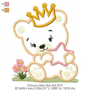 Princess Teddy Bear Girl and Star - Machine Embroidery Design ...