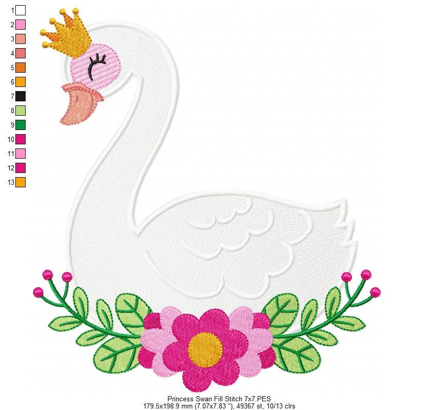 Princess Swan Machine Embroidery Design Fill Stitch | Etsy