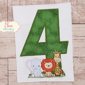 Safari Number 4 Four 4th Birthday - Applique Embroidery - 5x7 6x10 ...