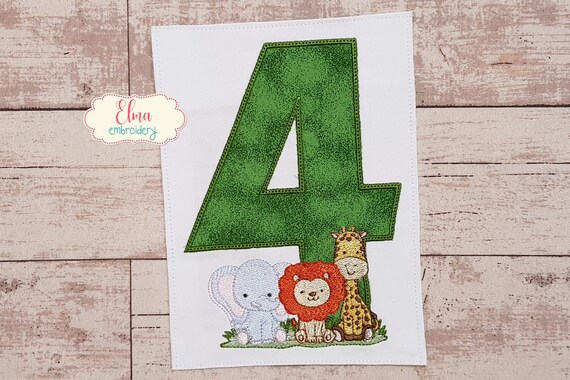 Safari Number 4 Four 4th Birthday Applique Embroidery 5x7 | Etsy