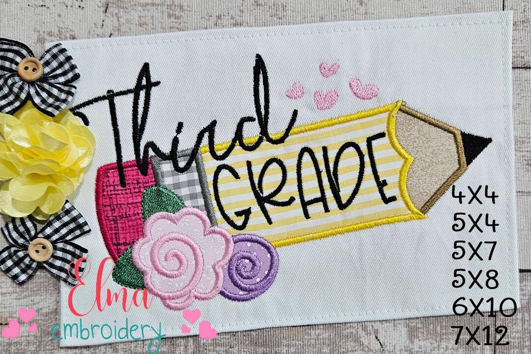 Third Grade Pencil and Flowers - Applique - 4x4 5x4 5x7 5x8 6x10 7x12 ...