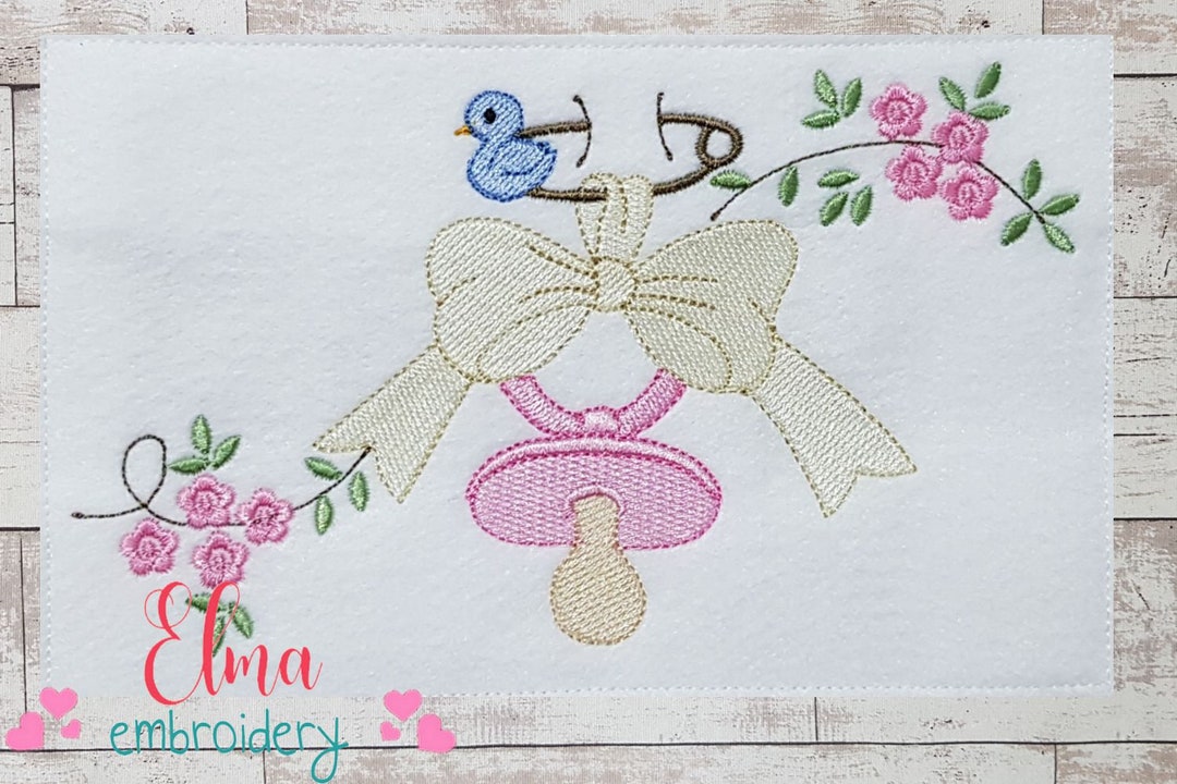 Baby Binky Embroidery Design: Bow, Bird, Floral (digital Download) - Etsy