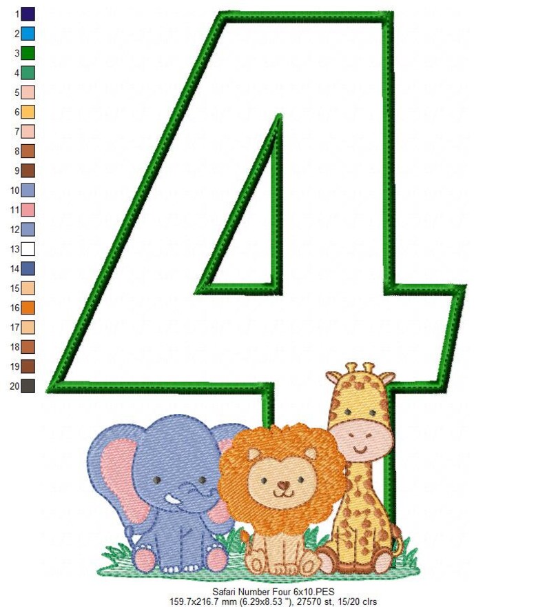 Safari Number 4 Four 4th Birthday Applique Embroidery 5x7 | Etsy