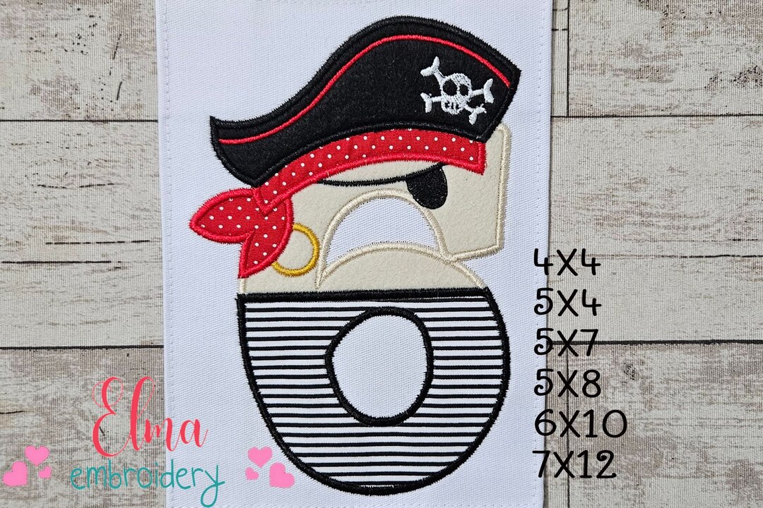 Pirate Birthday Number 6 Six 6th Sixth Birthday - Applique - 4x4 5x4 ...