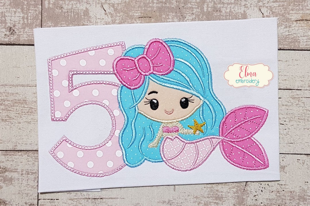 Mermaid Number 5 Five 5th Birthday - Applique - 5x7 5x8 6x10 7x12 ...