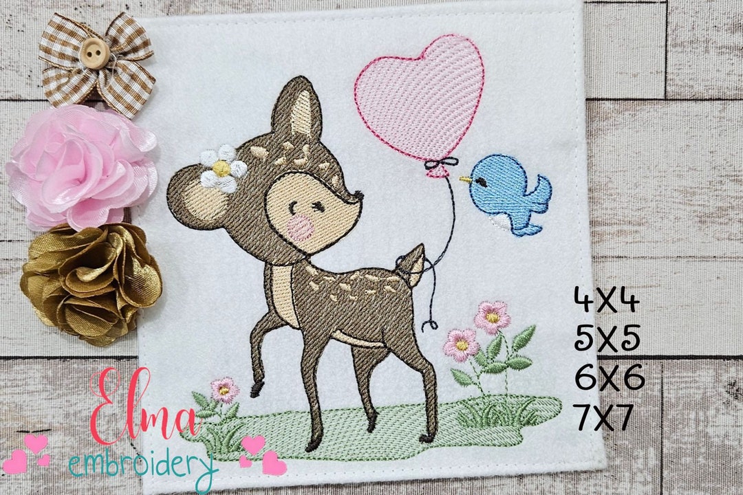 Little Doe and Balloon Deer - Machine Embroidery Design - Fill Stitch ...