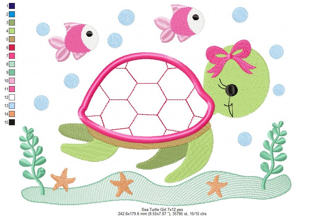 Cute Sea Turtle Girl Machine Embroidery Design Applique - Etsy