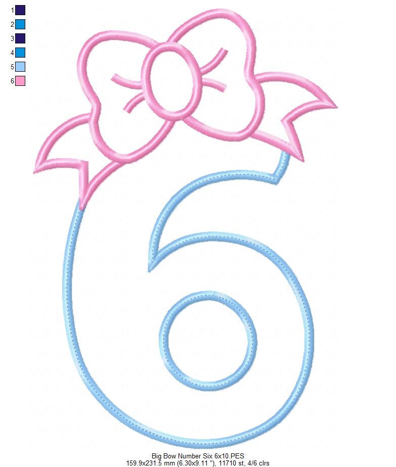 Big Bow Number 6 Six 6th Birthday Applique 4x4 5x7 6x10 | Etsy