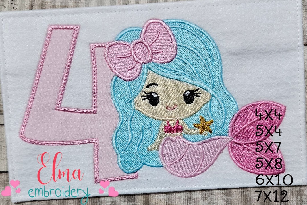 Mermaid Number 4 Four 4th Birthday - Applique & Fill - 4x4 5x4 5x7 5x8 ...