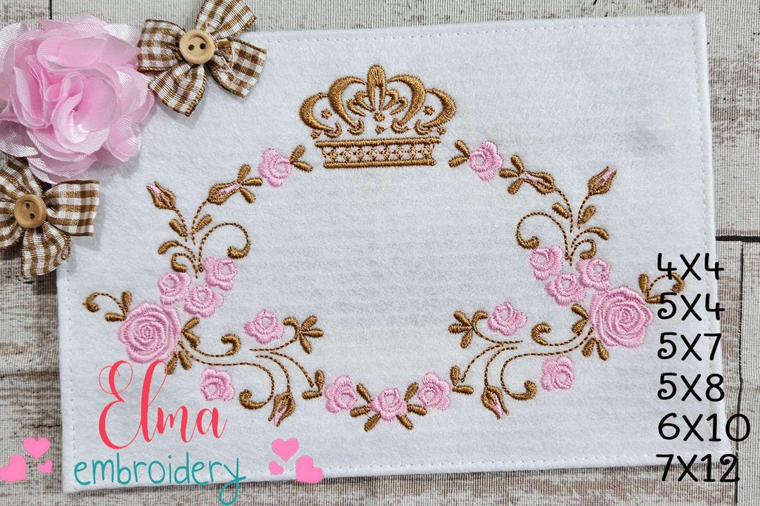 Royal Crown and Flowers Frame: Machine Embroidery Design (digital ...