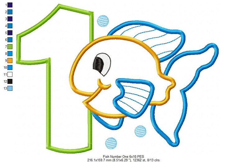 Fish Number 1 One 1st Birthday Applique Embroidery 4x4 5x7 - Etsy