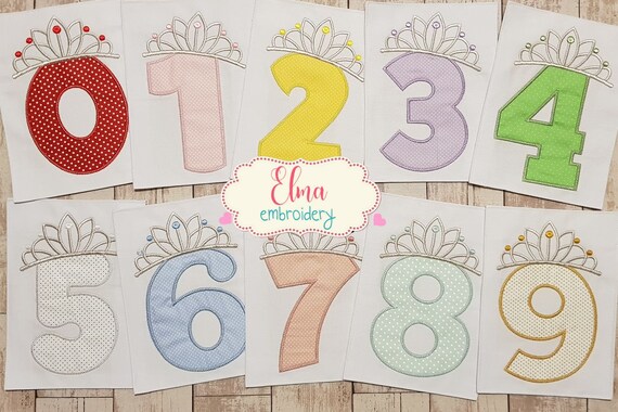 Princess Crown Birthday Set Numbers 0-9 Applique 4x4 5x7 | Etsy