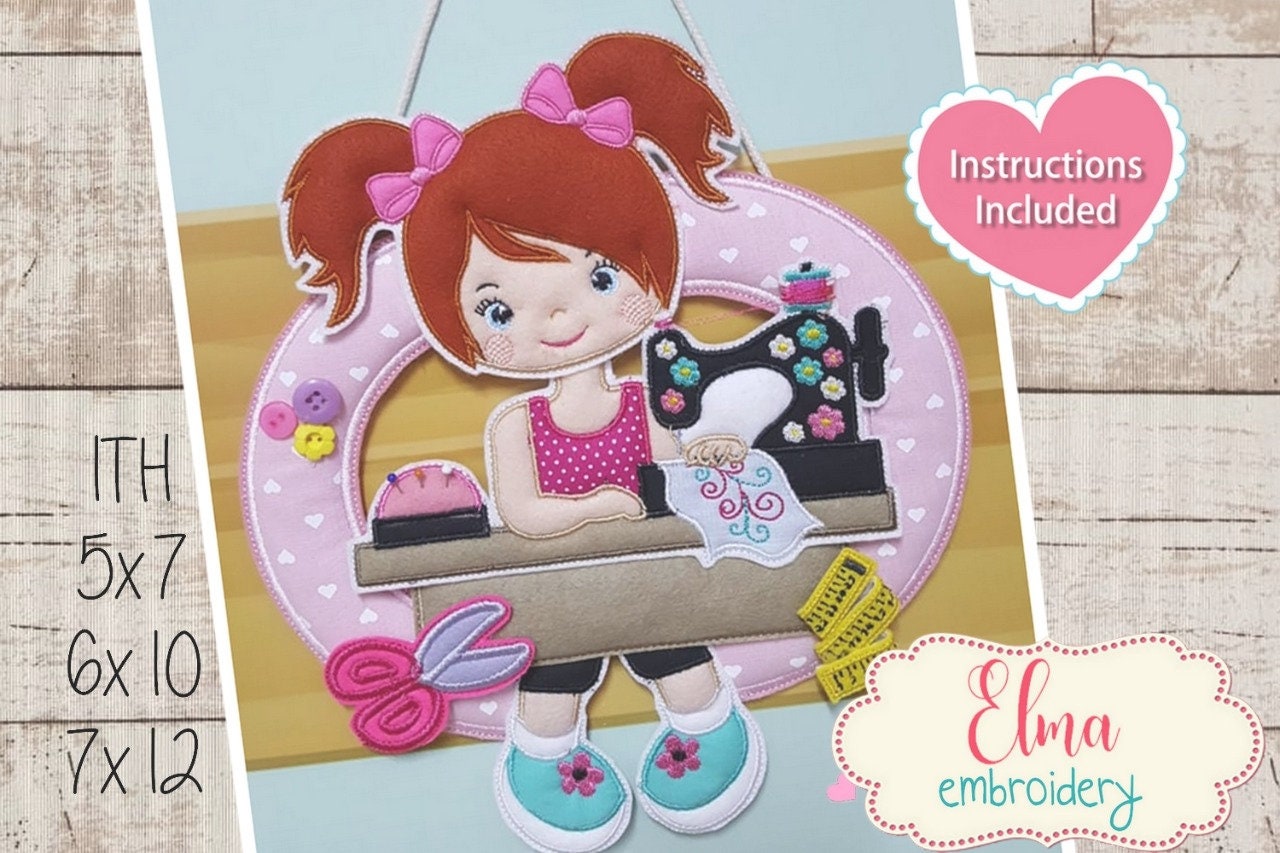 Cute Girl and Sewing Machine Embroidery Project Applique - Etsy