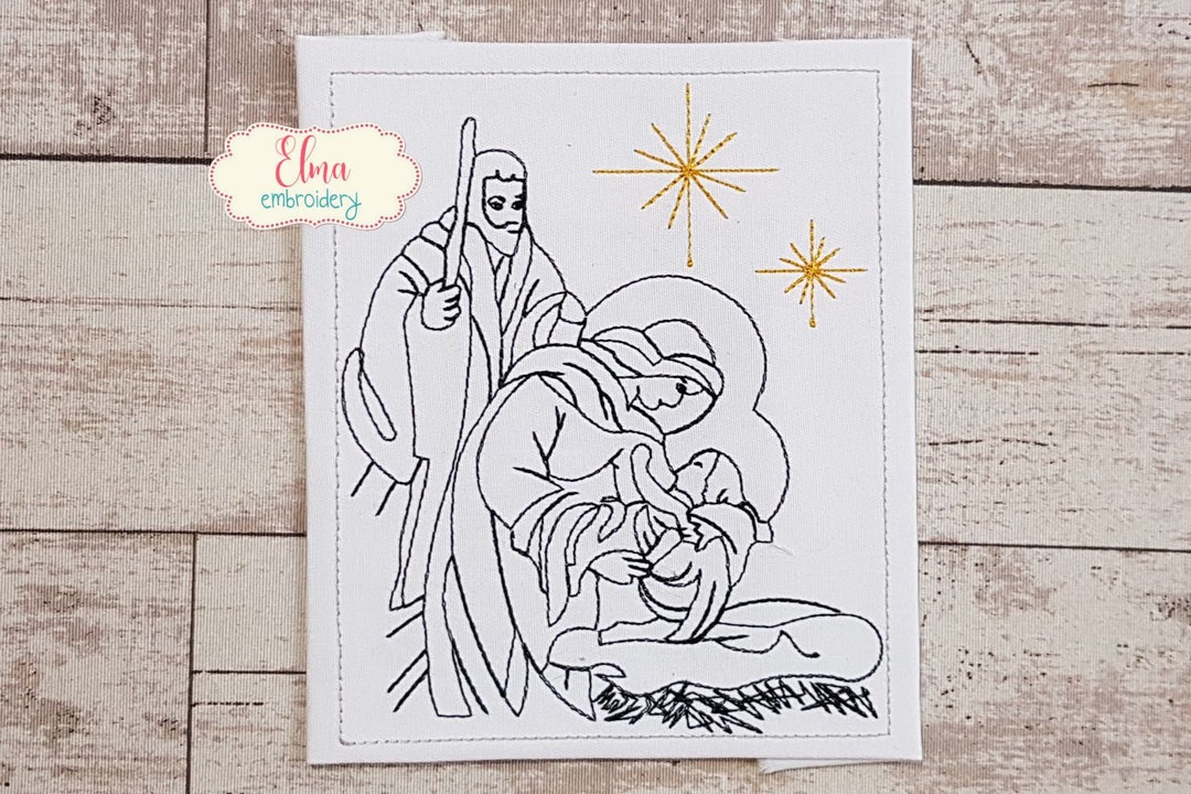 Nativity - Redwork Stitch Embroidery Design - 4x4 5x4 5x7 5x8 6x10 7x12 ...